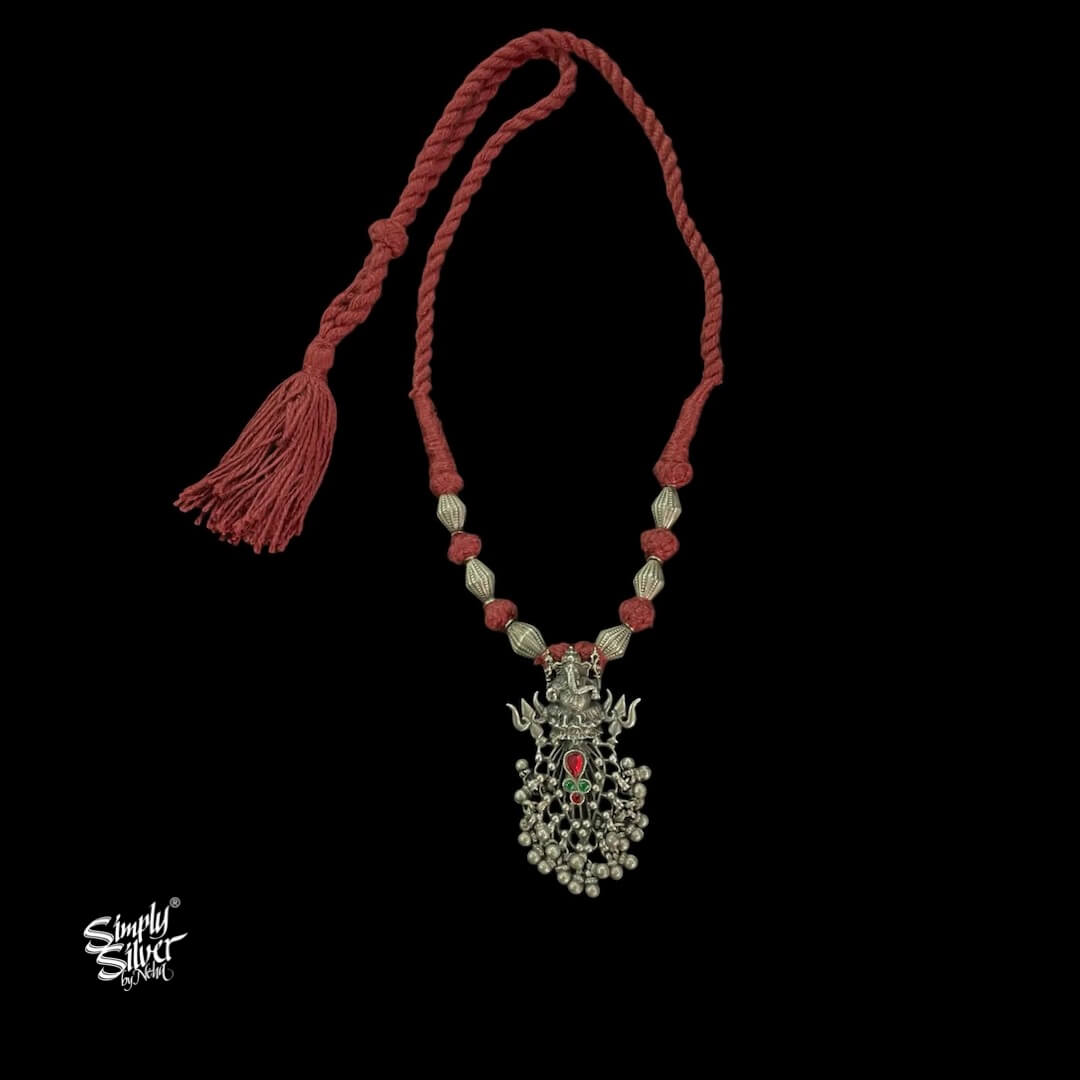 Silver Ganesh Ji with Multi Color Stone & Jaali Ghungroos Necklace - M ...