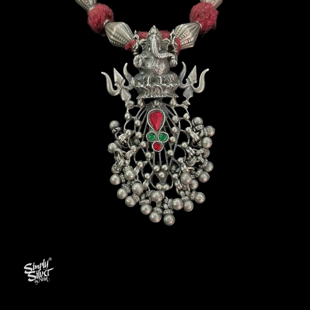 Silver Ganesh Ji with Multi Color Stone & Jaali Ghungroos Necklace - M ...