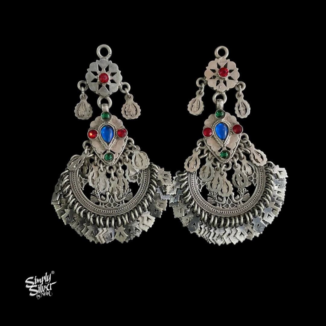 Silver Jaali Flower with Multi Color Stone & Peacocks Chaand Bali - MH ...